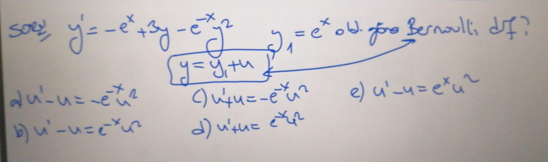 Solved soev, y′=−ex+3y−e−xy2y1=ex obl. for Bernouli, df. a) | Chegg.com
