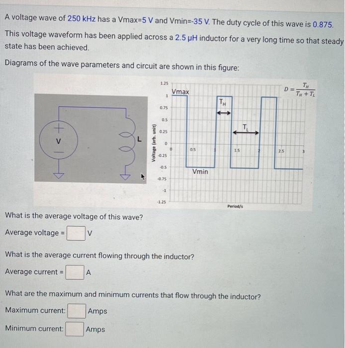 A voltage wave of 250kHz has a Vmax=5 V and Vmin=−35 | Chegg.com