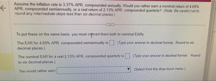 Solved Assume the inflation rate is 3.37% APR, compounded | Chegg.com