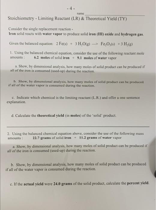 Solved Stoichiometry - Limiting reactant (LR) & Theoretical | Chegg.com