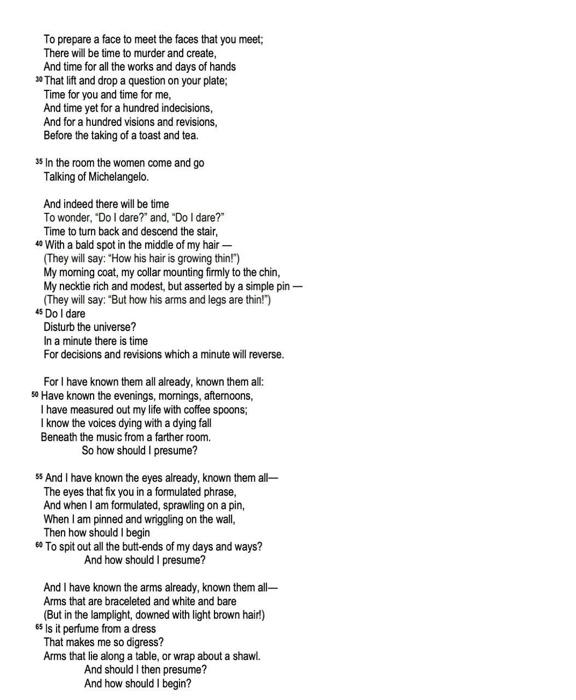 Poem \#1 The Love Song of J. Alfred Prufrock by T.S. | Chegg.com