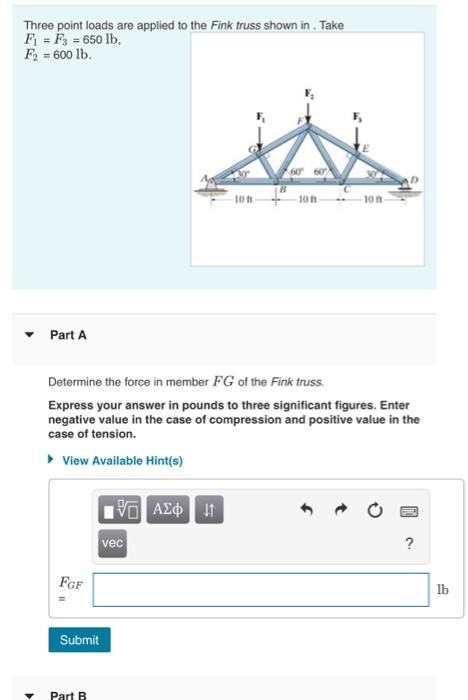 Solved Three point loads are applied to the Fink truss shown | Chegg.com