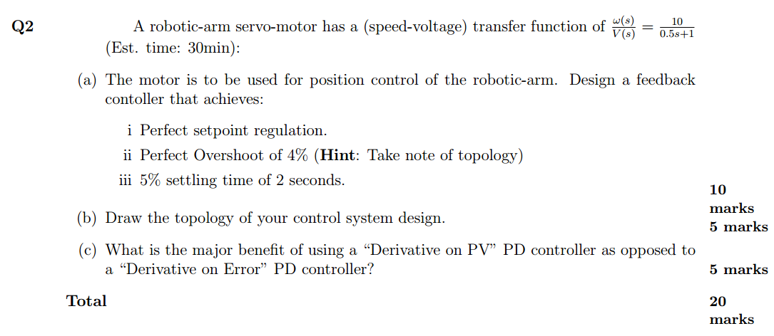 Solved Q2A robotic-arm servo-motor has a (speed-voltage) | Chegg.com