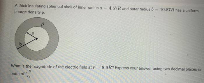 Solved A thick insulating spherical shell of inner radius | Chegg.com