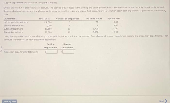 Support department cost allocation-sequential method | Chegg.com