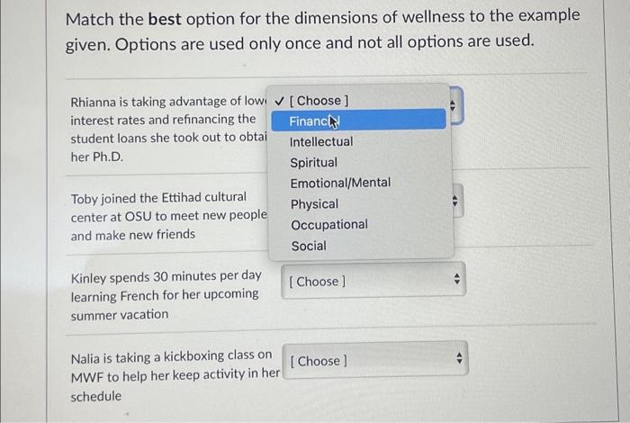 Solved Match the best option for the dimensions of wellness | Chegg.com