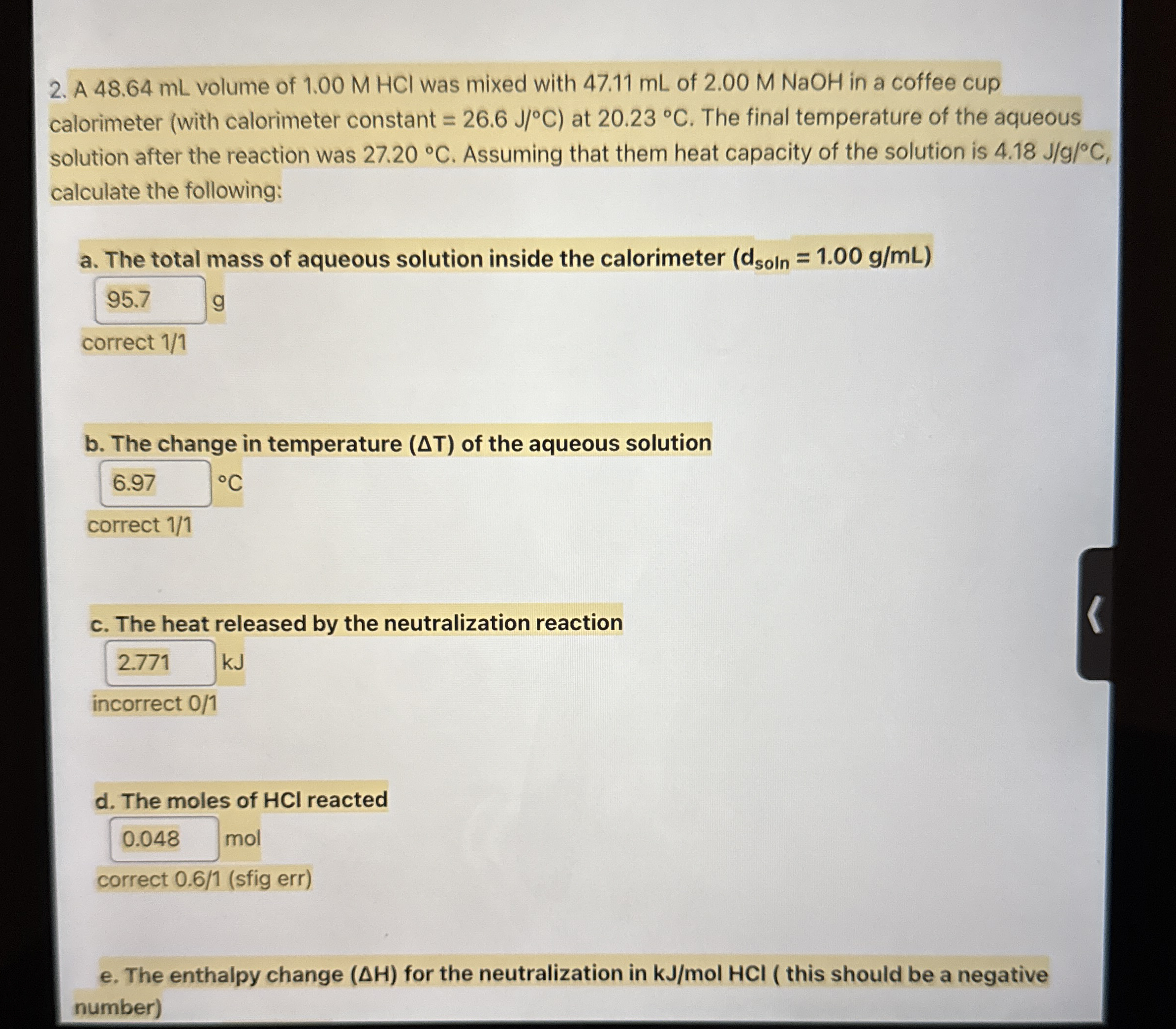 Solved A 48.64 ﻿mL volume of 1.00 ﻿M HCl was mixed with | Chegg.com