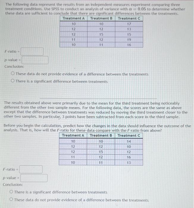 Solved The following data represent the results from an | Chegg.com