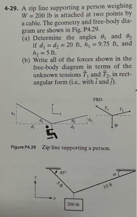 Solved 4-29. A zip line supporting a person weighing W=200lb | Chegg.com
