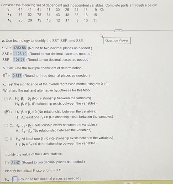 Solved a. Use technology to identify the SST, SSR, and SSE | Chegg.com