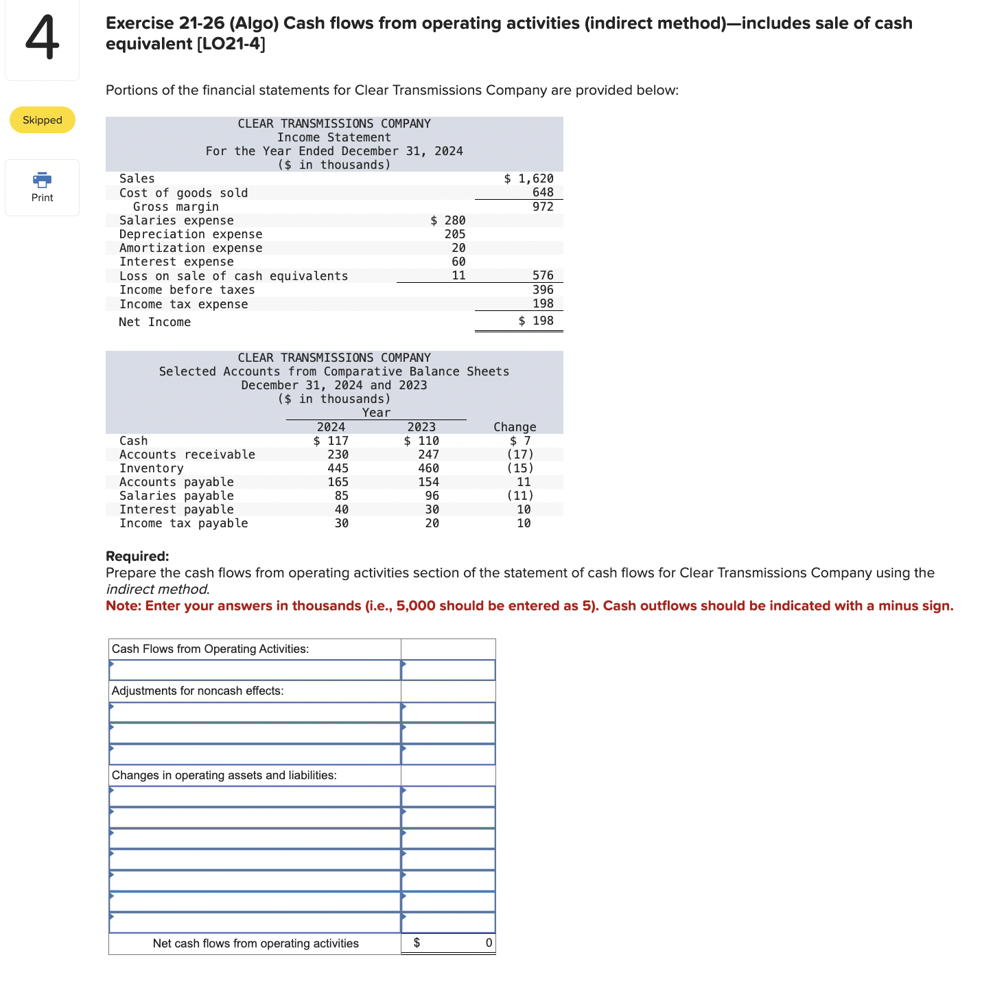 Solved Exercise 21-26 (Algo) ﻿Cash flows from operating | Chegg.com