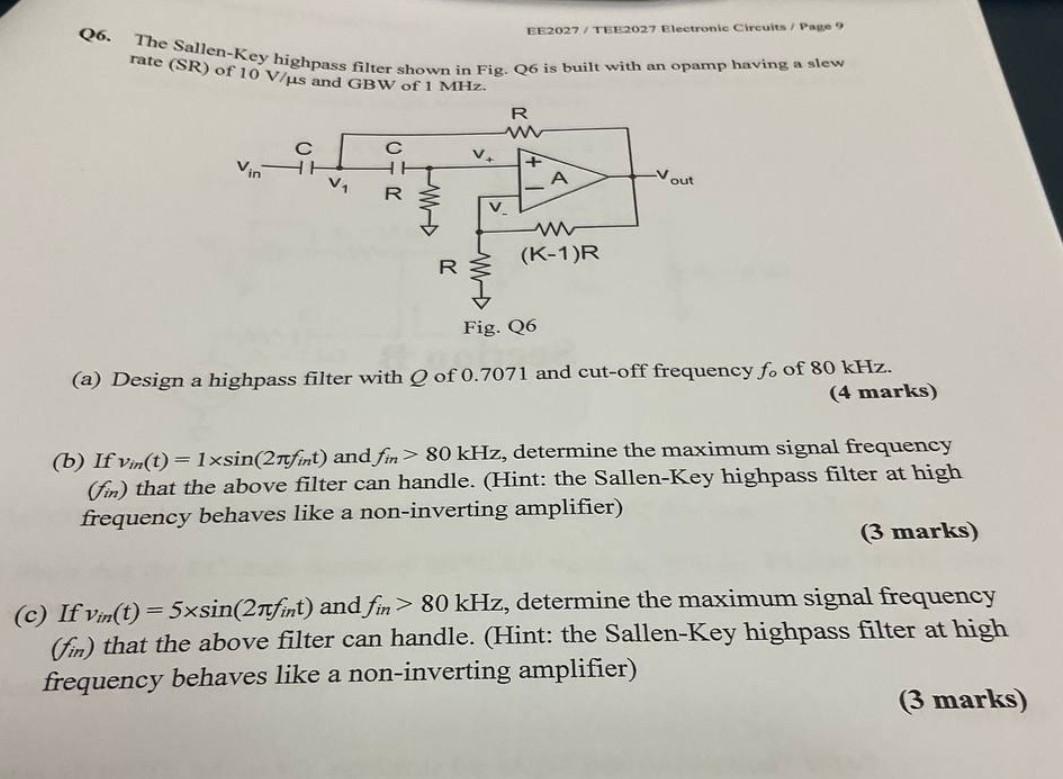Solved Q6. The Sallen-Key highpass filter shown in Fig. Q6 | Chegg.com