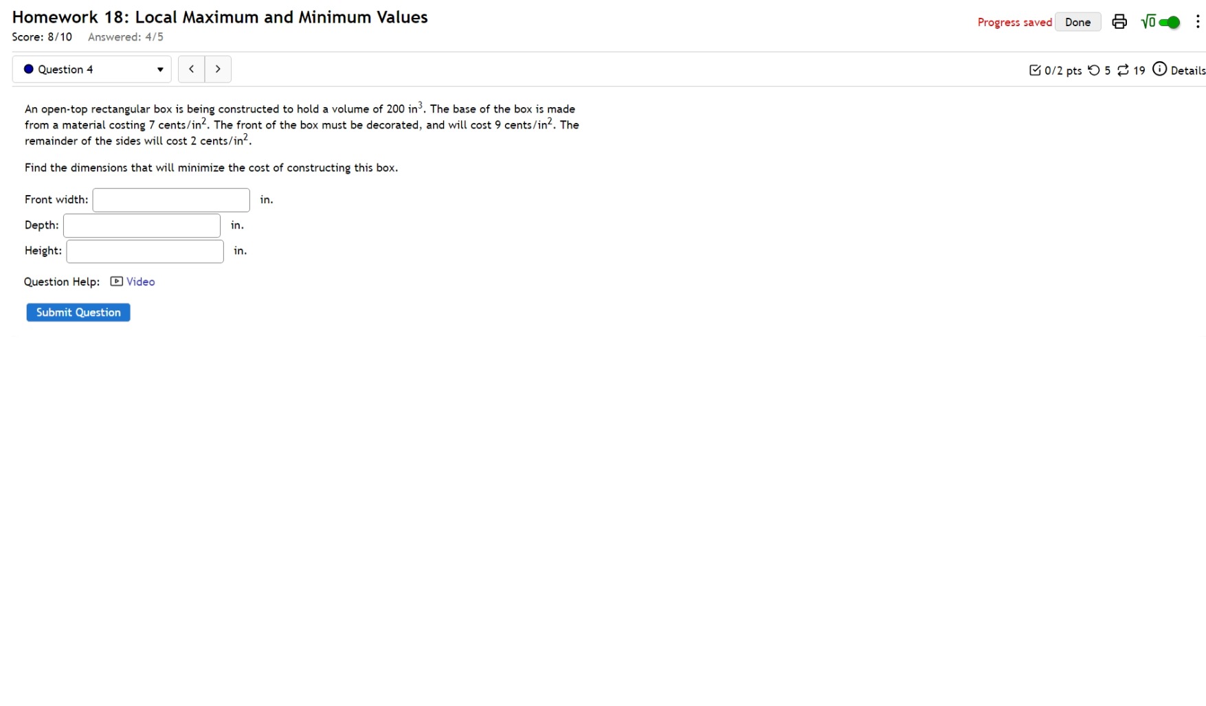 Solved An open-top rectangular box is being constructed to | Chegg.com