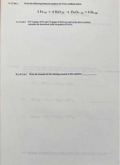 Solved 14. (7 pes.) Given the following balanced equation | Chegg.com