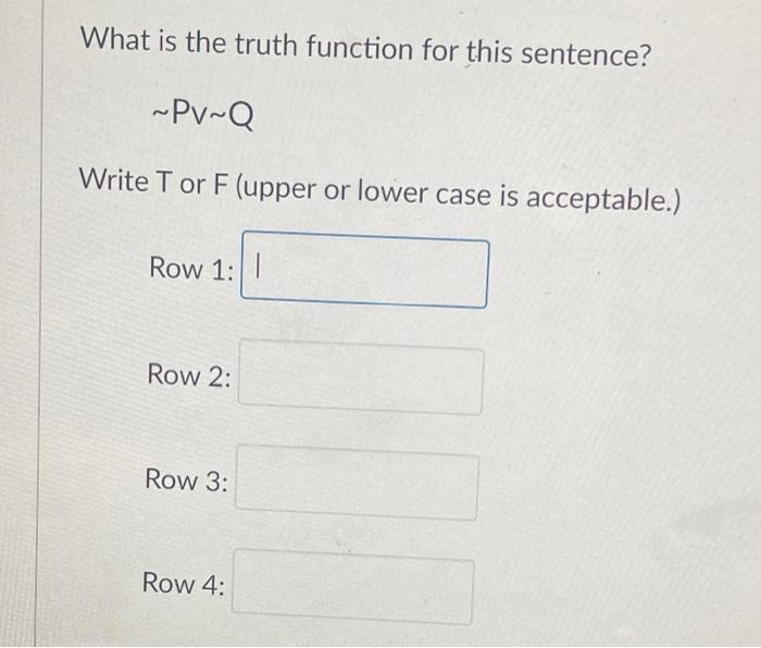 Solved What is the truth function for this sentence? ~PV~Q | Chegg.com