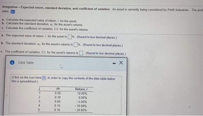 Solved Integrative-Expected return, standard deviation, and | Chegg.com
