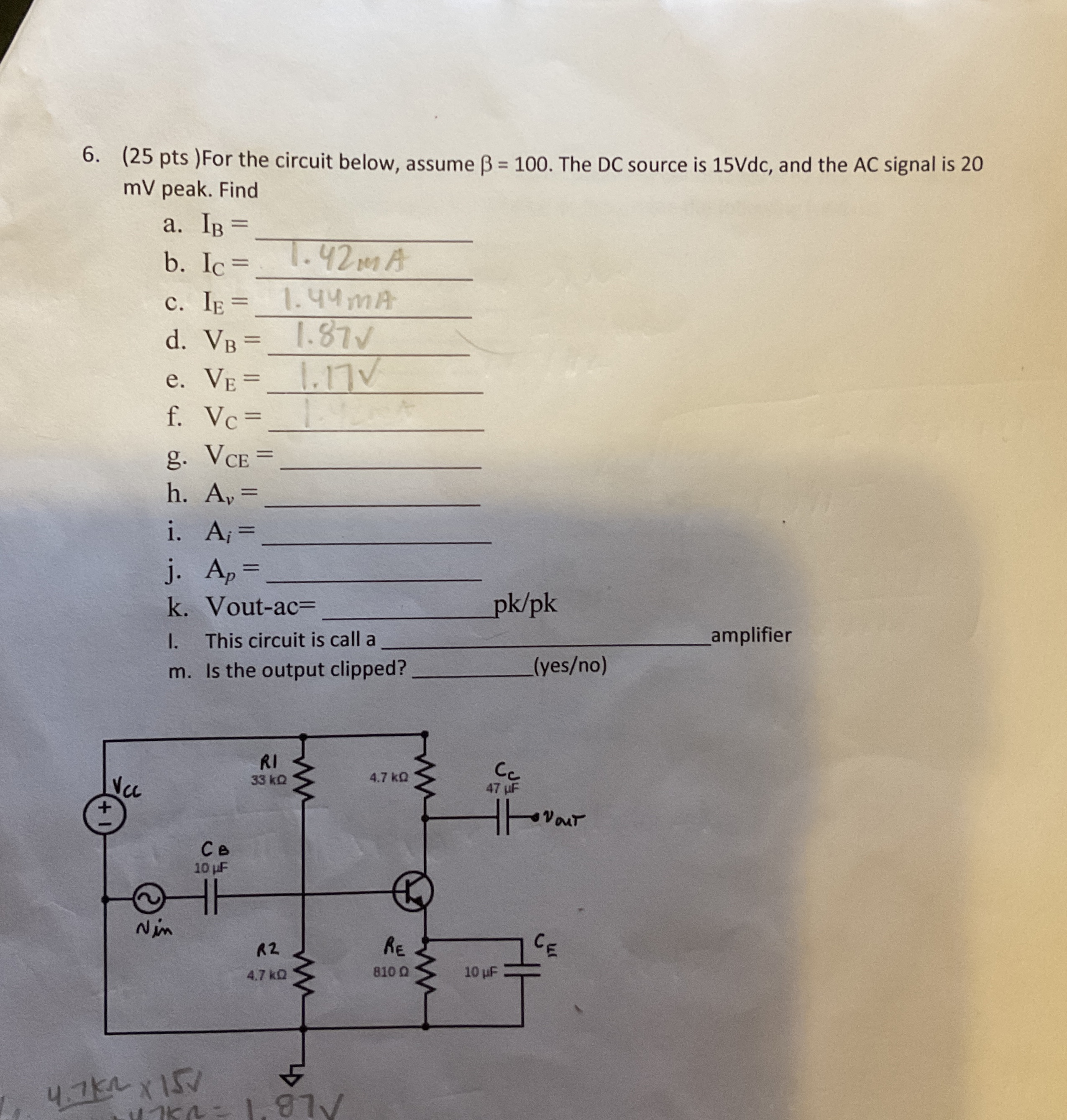 Solved (25 ﻿pts )For the circuit below, assume β=100. ﻿The | Chegg.com