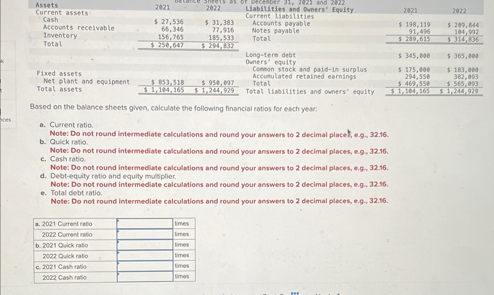 Solved \table[[Assets,2021,2022,\table[[Liabilities and | Chegg.com