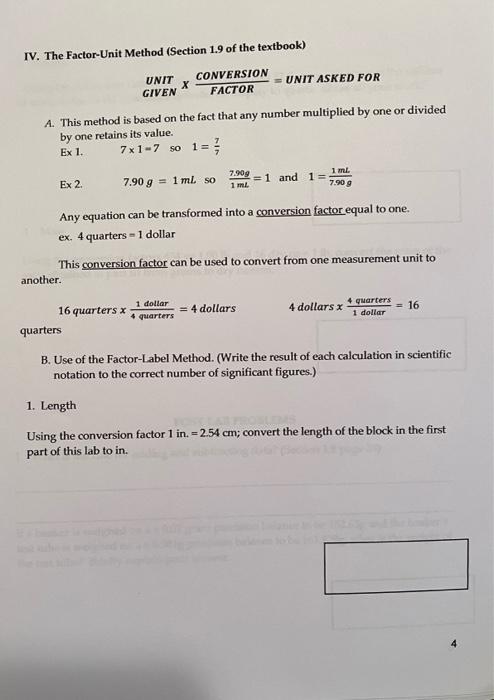 IV. The Factor-Unit Method (Section 1.9 of the | Chegg.com