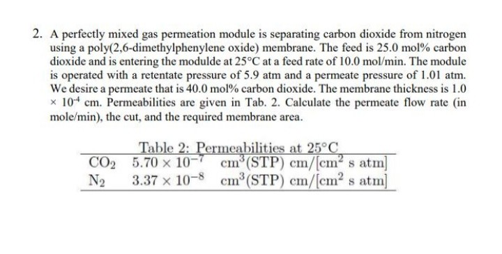 Solved 2. A perfectly mixed gas permeation module is | Chegg.com