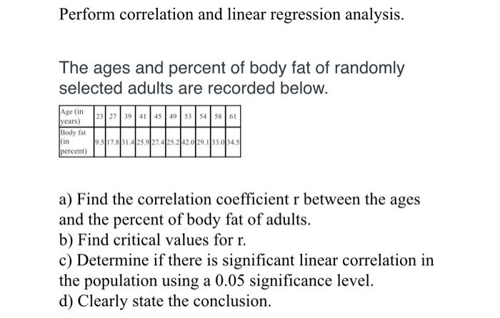 Solved Perform correlation and linear regression analysis. | Chegg.com