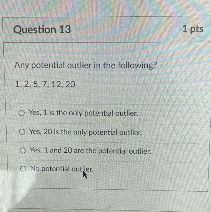 Solved Question 13 1 pts Any potential outlier in the | Chegg.com