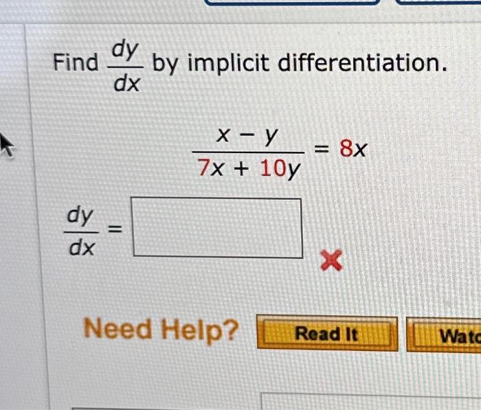 Find dxdy by implicit differentiation. dxdy= | Chegg.com Find dxdy by implicit differentiation. dxdy= | Chegg.com