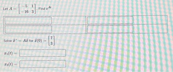 Solved Let A=[−5−1613]. Find eAt Solve x′=Ax for x(0)=[73] | Chegg.com
