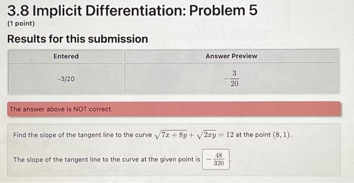 Solved 3.8 Implicit Differentiation: Problem 5 (1 point) | Chegg.com