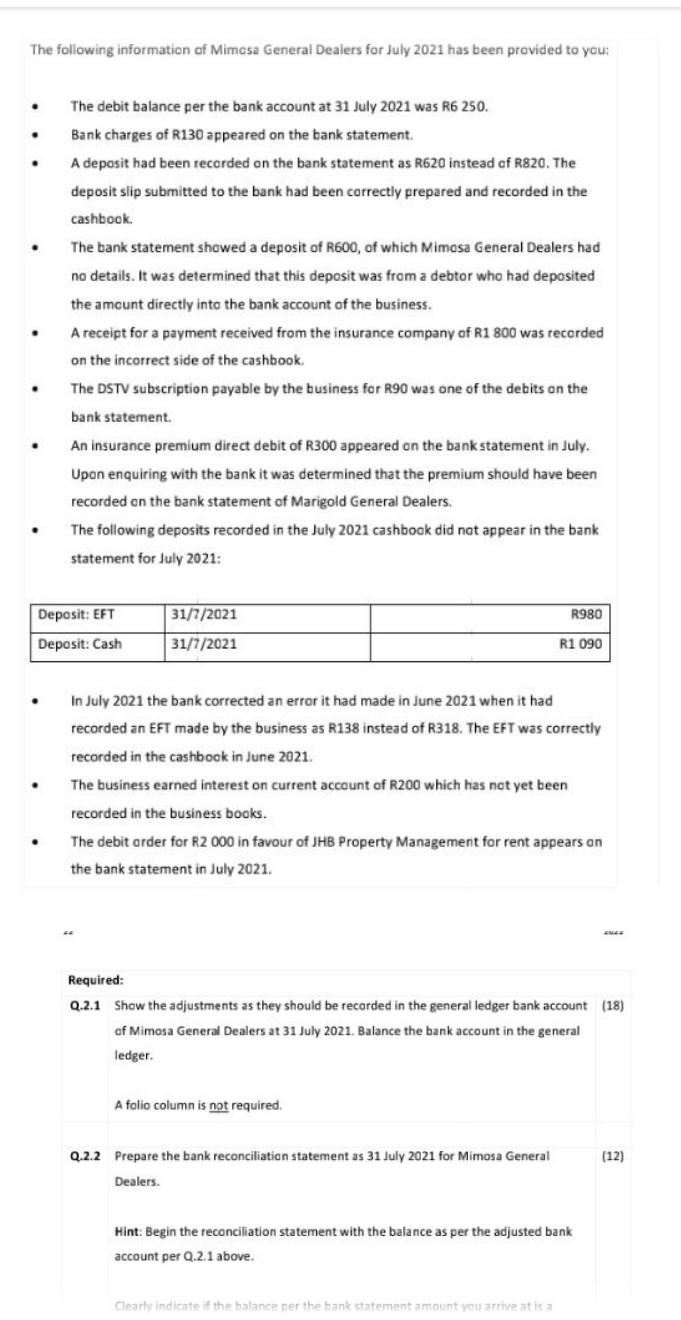 Solved The following information of Mimosa General Dealers | Chegg.com
