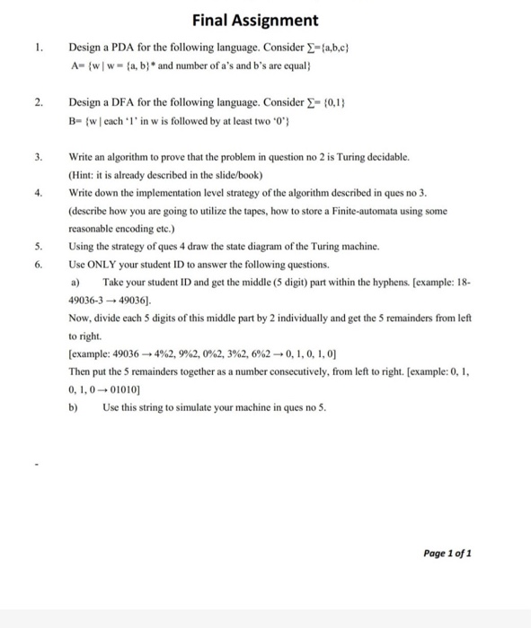 Final Assignment Design a PDA for the following | Chegg.com