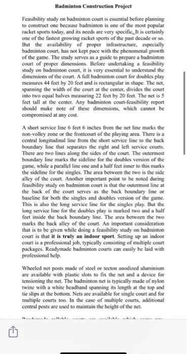 Solved Badminton Construction Project Feasibility study on | Chegg.com