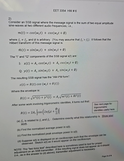 Solved EET 3354HW#HConsider an SSB signal where the message | Chegg.com