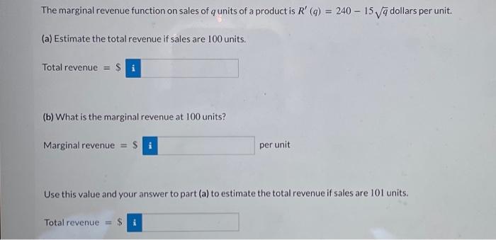 Solved The marginal revenue function on sales of q units of | Chegg.com