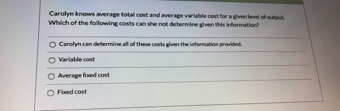 Solved Carolyn knows average total cost and average variable | Chegg.com