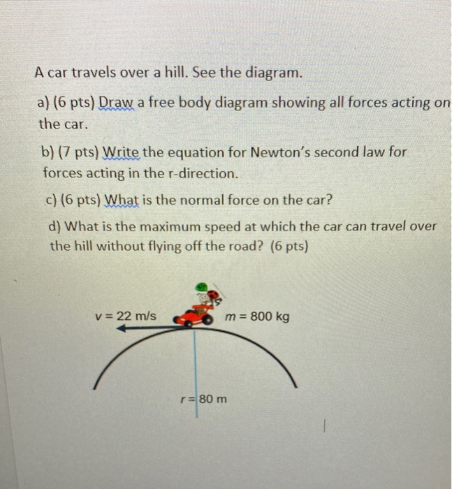 Solved A car travels over a hill. See the diagram. a) (6 | Chegg.com