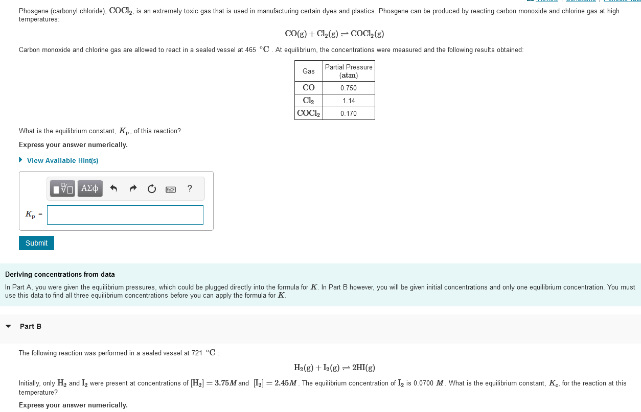 Solved temperatures:CO(g)+Cl2(g)⇌COCl2(g)Carbon monoxide and | Chegg.com