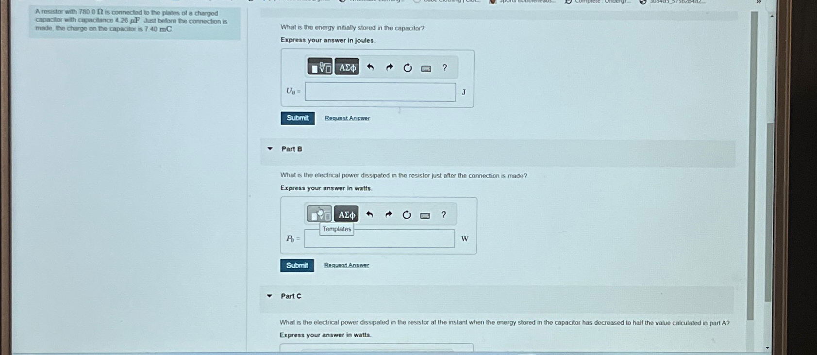 Solved A resistor with 7800ΩΩ ﻿is connectad to the plates of | Chegg.com