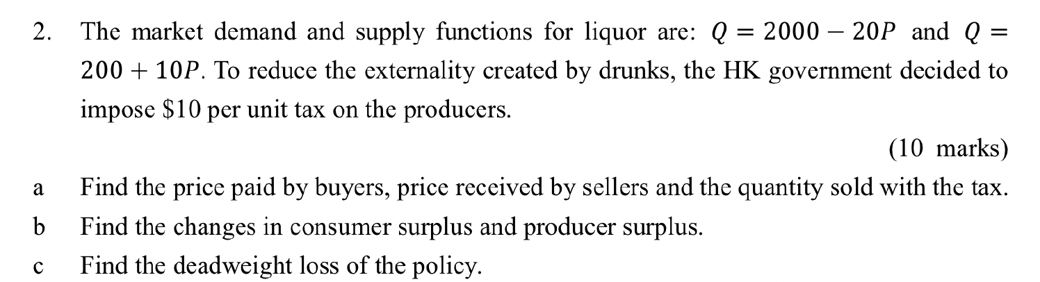 Solved The market demand and supply functions for liquor | Chegg.com