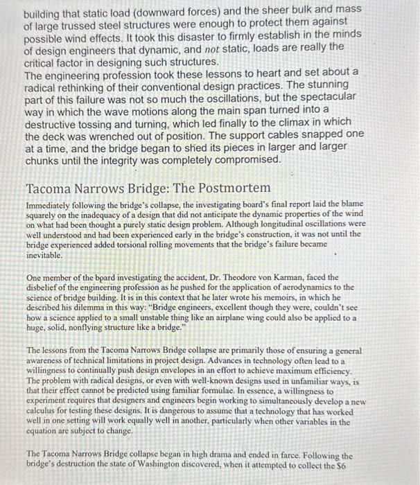 Solved CASE STUDY 7.3 Classic Case: Tacoma Narrows | Chegg.com