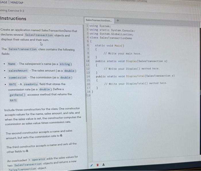 Solved SAGE / MINDTAP ming Exercise 9:3 Instructions Create | Chegg.com Solved SAGE / MINDTAP ming Exercise 9:3 Instructions Create | Chegg.com