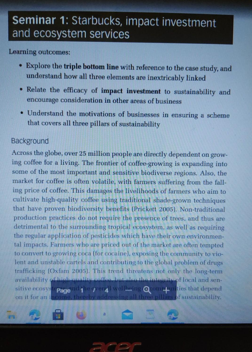 Solved Seminar 1: Starbucks, impact investment and ecosystem | Chegg.com