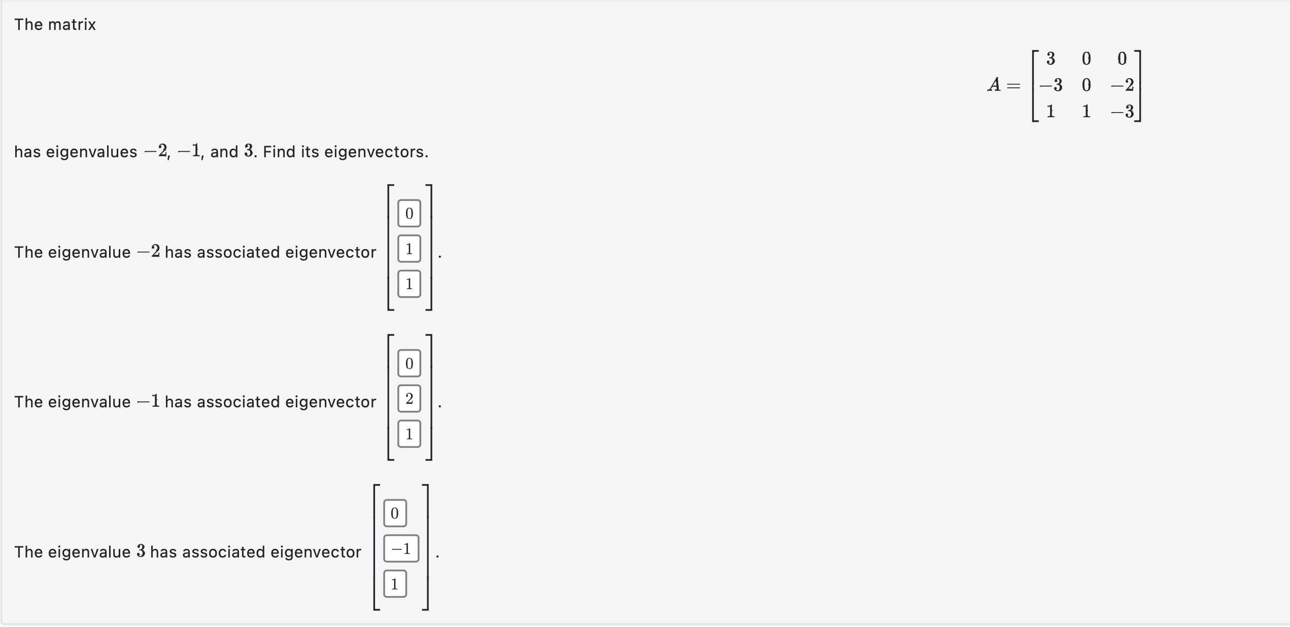 Solved The matrixA=[300-30-211-3]has eigenvalues -2,-1, ﻿and | Chegg.com