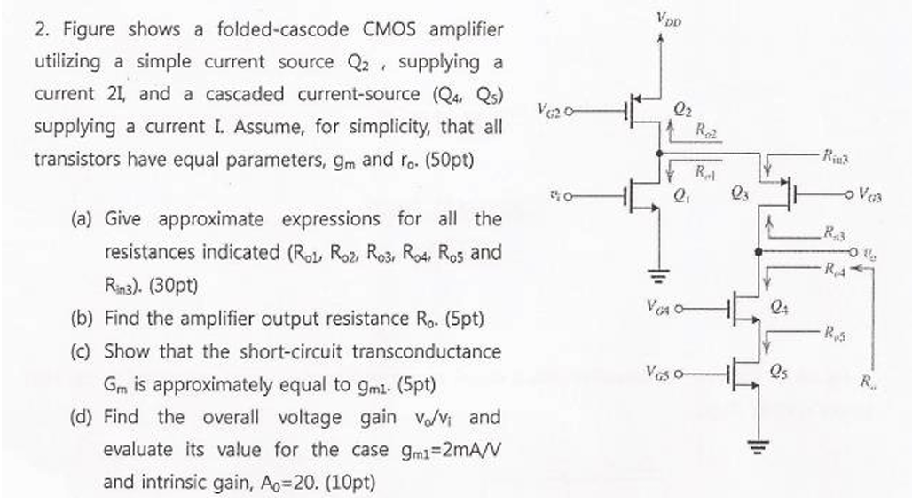 Solved Figure shows a folded-cascode CMOS amplifierutilizing | Chegg.com