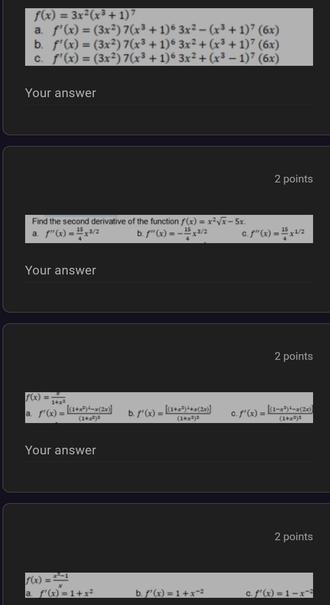 Solved f(x)=4x5−5x4 a. f′(x)=20x4−20x3 b. f′(x)=20x4+20x3 c. | Chegg.com