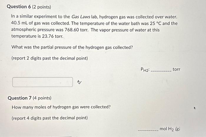 Solved In a similar experiment to the Gas Laws lab, hydrogen | Chegg.com