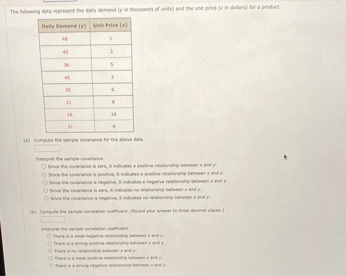 Solved (a) Compute the sample covariance for the above data. | Chegg.com