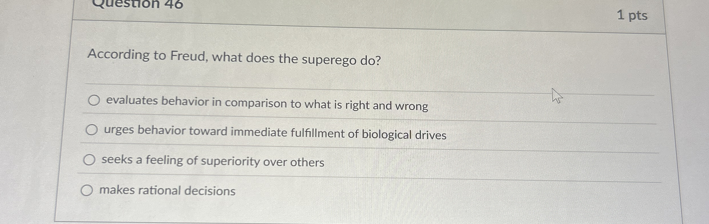 Solved 1 ﻿ptsAccording to Freud, what does the superego | Chegg.com