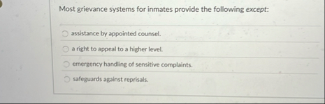 Solved Most grievance systems for inmates provide the | Chegg.com