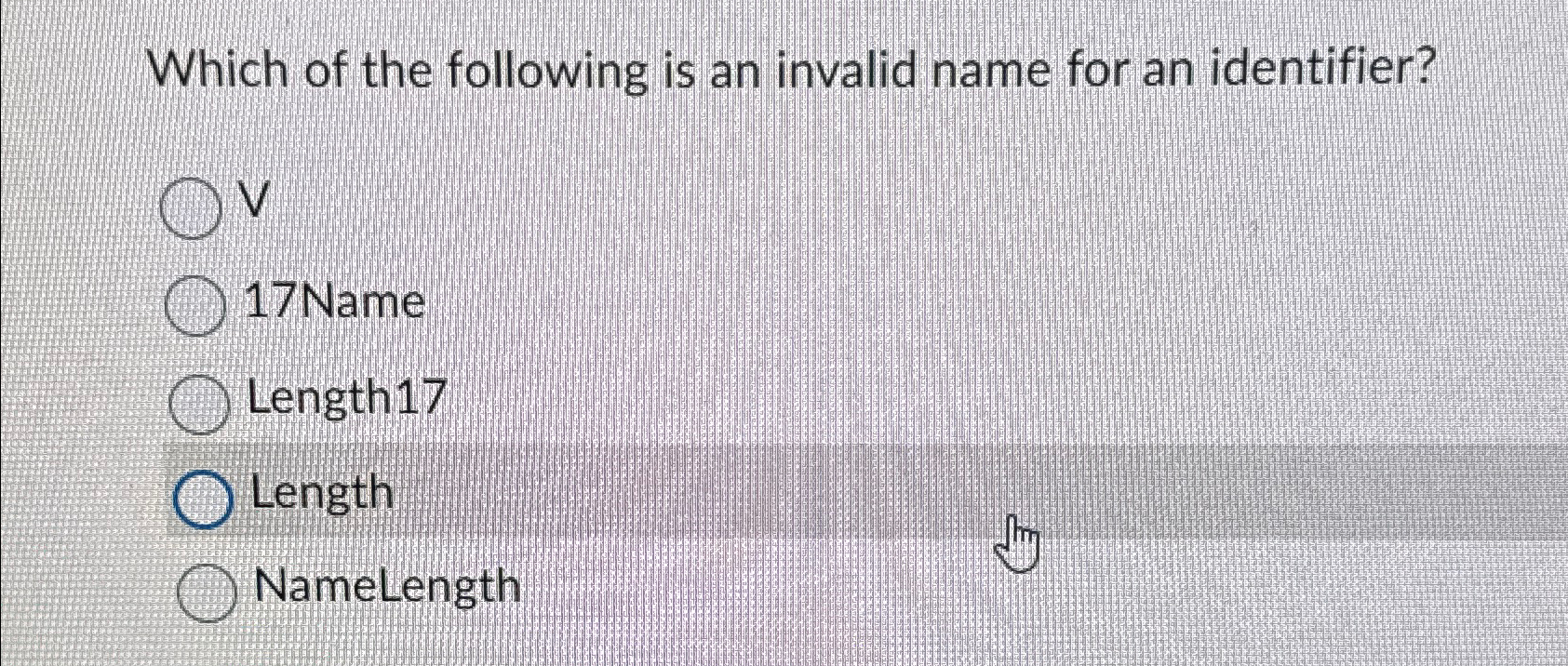 Solved Which of the following is an invalid name for an | Chegg.com